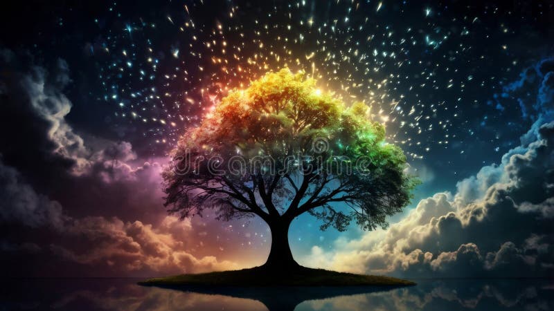 Magical Tree with Sparkling Lights Stock Illustration - Illustration of ...