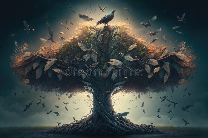 Magical Tree Surrounded by Flock of Birds or Other Winged Creatures ...