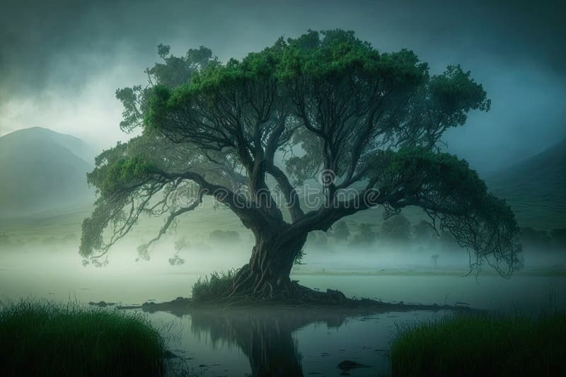 Magical Tree Surrounded by Mist, with View of Distant Lake Stock Photo ...