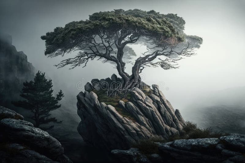 Magical Tree, Surrounded by Misty Fog, Towering Over Rocky Cliff Stock ...