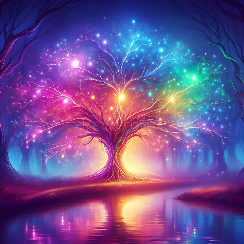 Magical Tree with Vibrant Lights in a Mystical Forest Setting. Stock ...