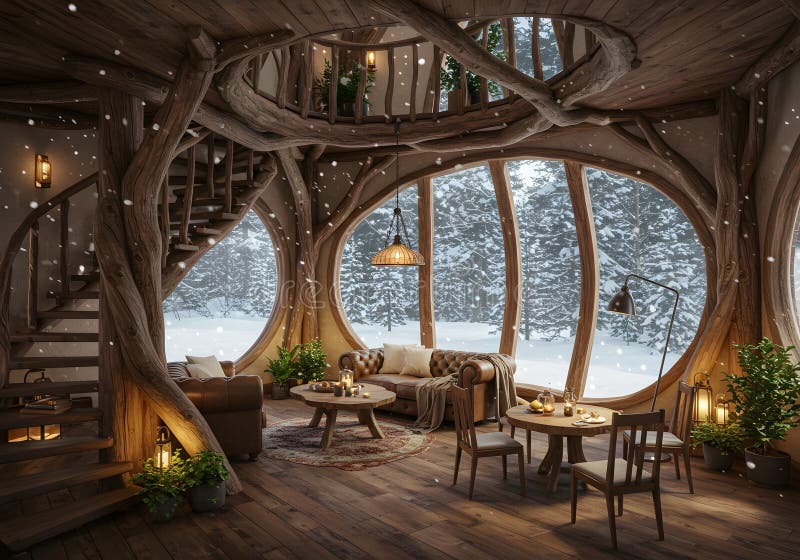 Magical Treehouse-Inspired Cabin with Snowfall - Rustic Winter Interior ...