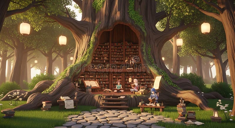 Magical Treehouse Library in Enchanted Forest with Lanterns and Books ...