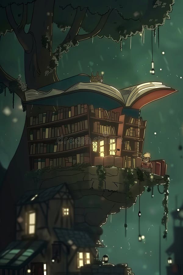 Magical Treehouse Library in Enchanted Forest at Night Stock ...