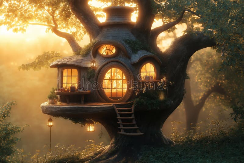 Magical Treehouse Nestled in Lush Forest during Sunset Glow Stock Image ...