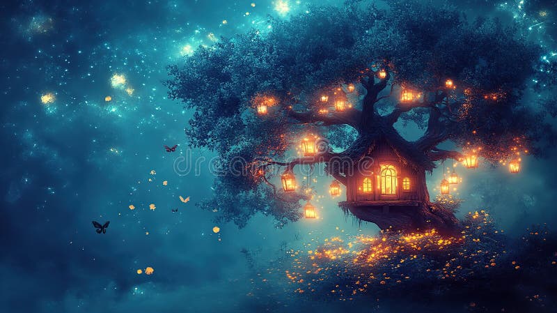 Magical Treehouse at Night, Lit by Lanterns and Fireflies Stock Image ...