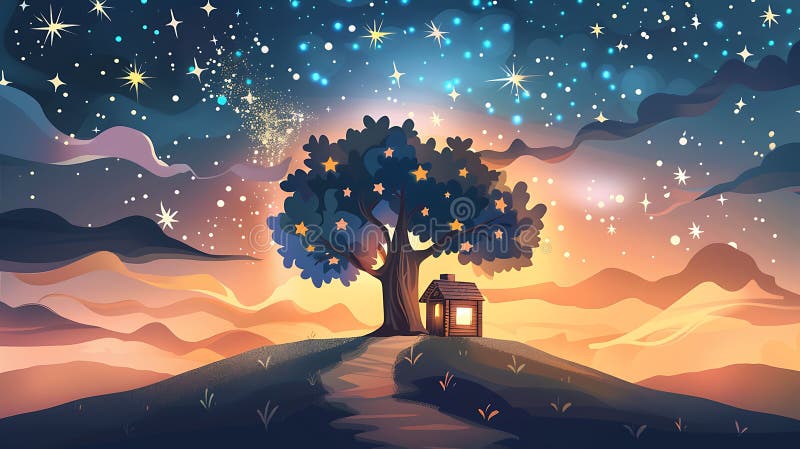 Magical Treehouse among the Stars Stock Illustration - Illustration of ...