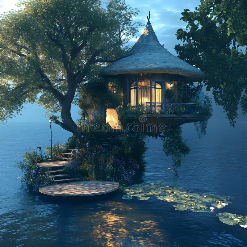 Magical Treehouse by Water, with Lantern Glow at Twilight Stock ...