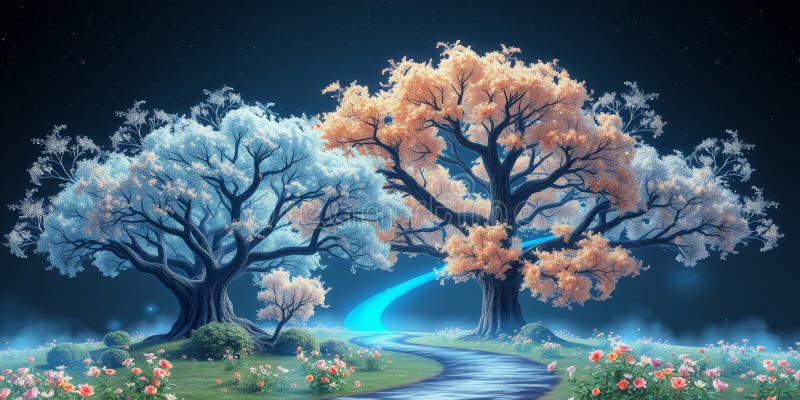 Magical Trees with Glowing Path Stock Illustration - Illustration of ...
