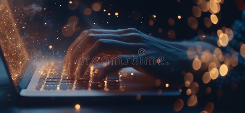 Magical Typing on Laptop with Glowing Particles and Bokeh Effect ...