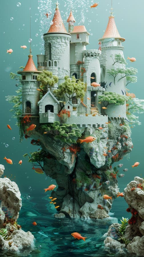 Magical Underwater Kingdom and Castle with Many Fish Stock Illustration ...