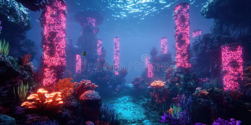 Magical Underwater Scene Glowing Coral Reef Background Stock ...