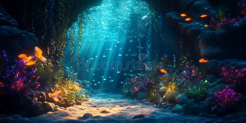 Magical Underwater Scene Ocean Cave Fish Coral Stock Illustration ...
