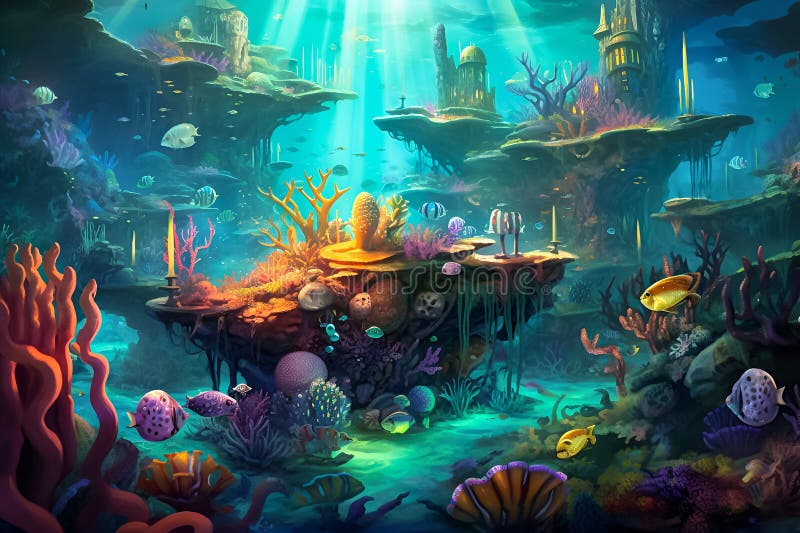 Magical Underwater Seascape with Sea Animals. Stock Illustration ...