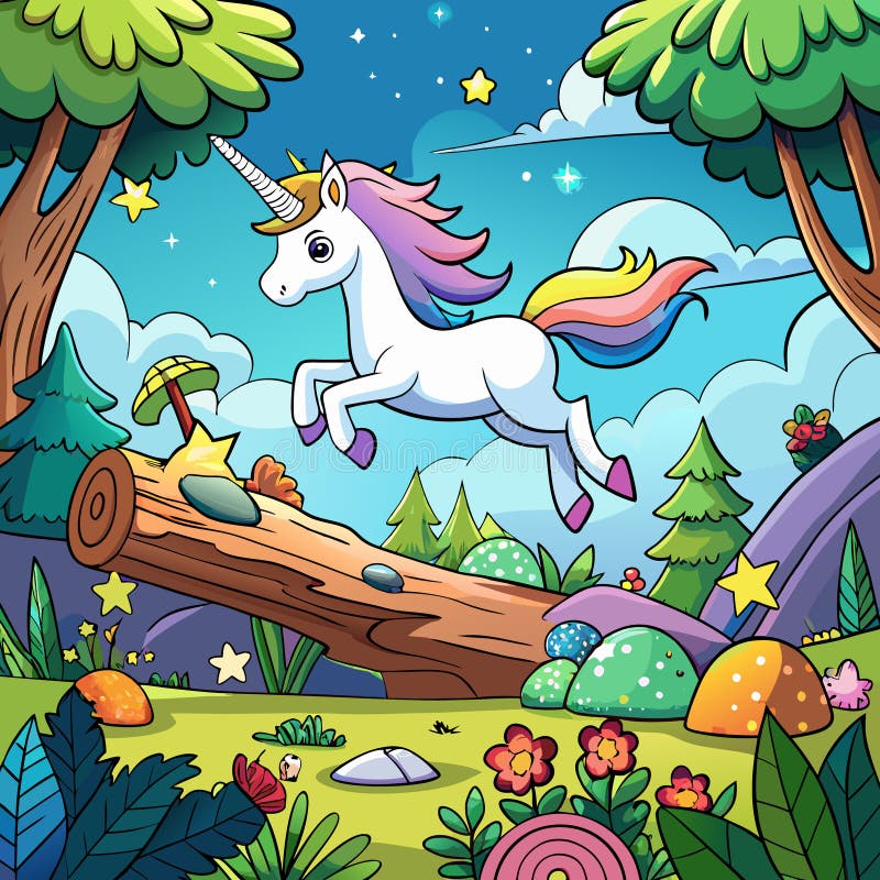 Magical Unicorn Leaping Over a Log in a Whimsical Forest at Night Stock Vector - Illustration of ...
