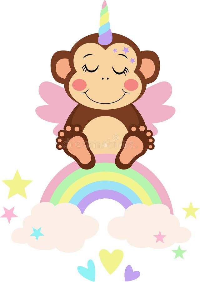 Magical Unicorn Monkey on a Rainbow with Clouds and Stars Stock ...
