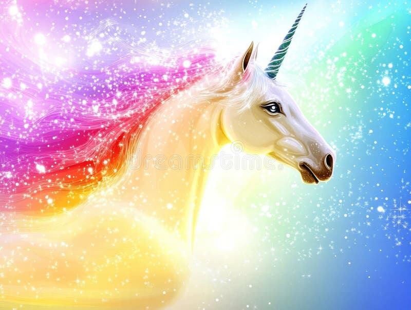 Magical Unicorn with Rainbow Mane and Sparkling Background Stock ...