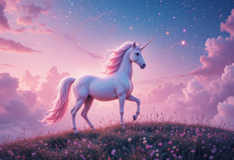 Magical Unicorn Scene with Pink Sky and Glitter Stars. Stock Image ...