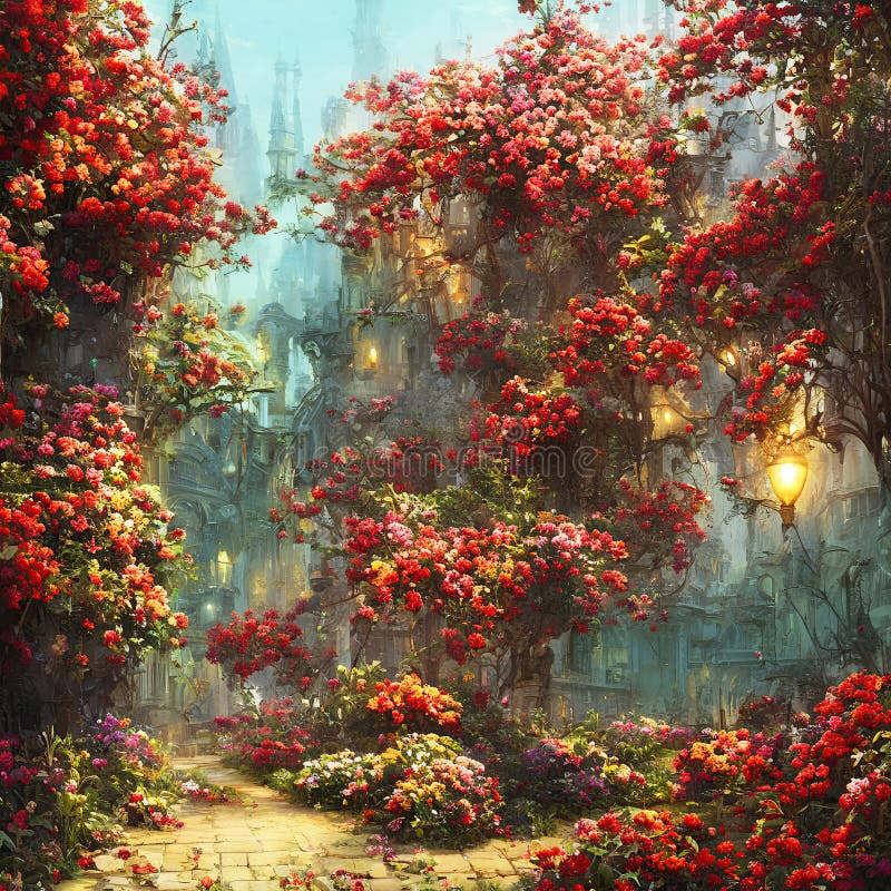Magical View of the Path among Roses with Lanterns, Many Red Roses ...