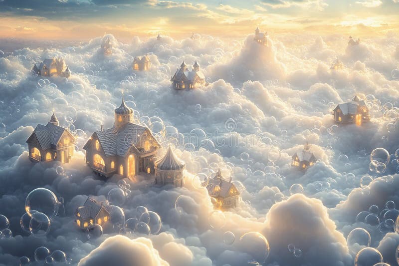 Magical Village Floating in Clouds with Glowing Windows and Soap ...