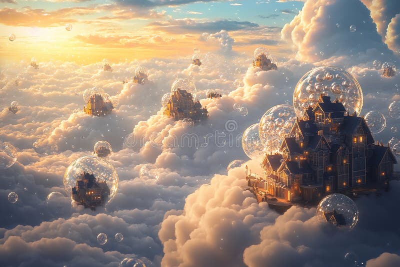 Magical Village Floating in Clouds with Glowing Windows and Soap ...