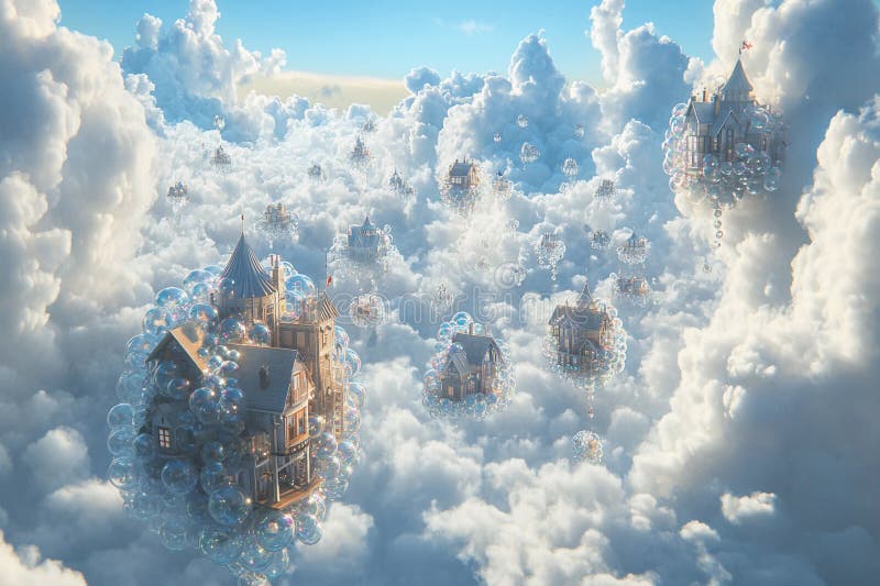 Magical Village Floating in Clouds with Glowing Windows and Soap ...