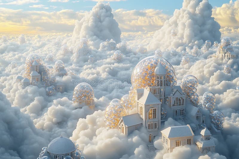 Magical Village Floating in Clouds with Glowing Windows and Soap ...