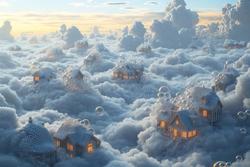 Magical Village Floating in Clouds with Glowing Windows and Soap ...