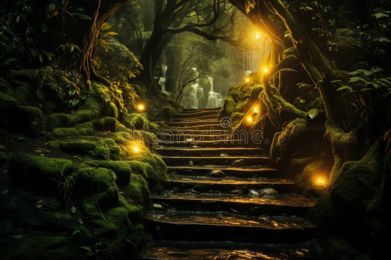 Magical Walk Along the Winding Forest Path Illuminated by Enchanting ...
