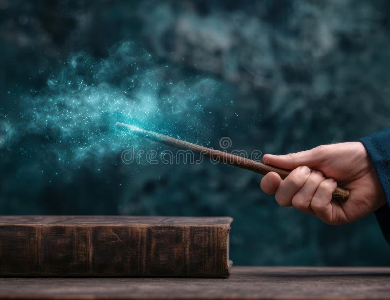 Magical Wand Casting Spell on Old Book Stock Illustration ...