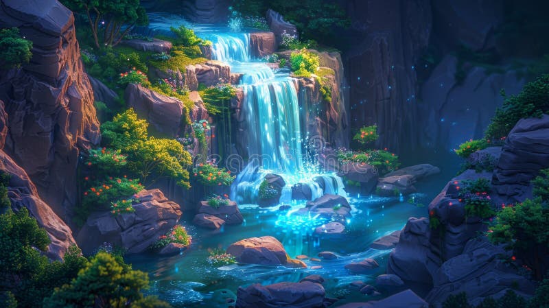 A Magical Waterfall Cascades Down a Rocky Cliff, Glowing with an ...