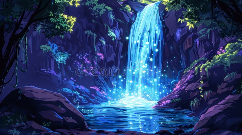 A Magical Waterfall Cascades through a Lush, Enchanted Forest ...