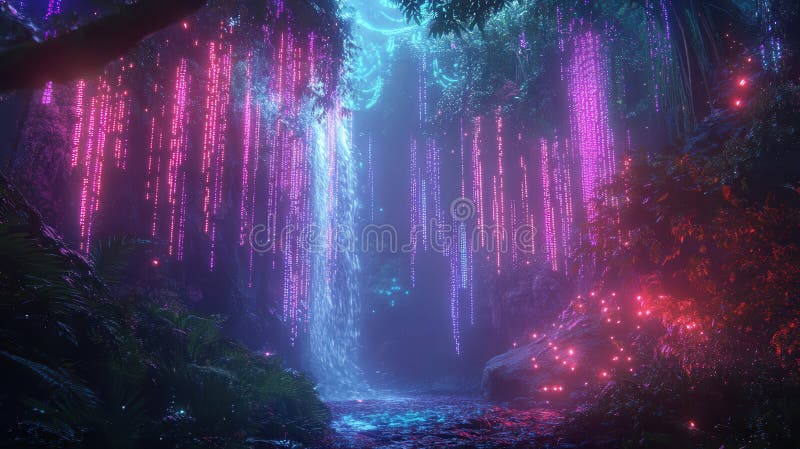 A Magical Waterfall in a Colorful Forest of Light and Beauty Stock ...