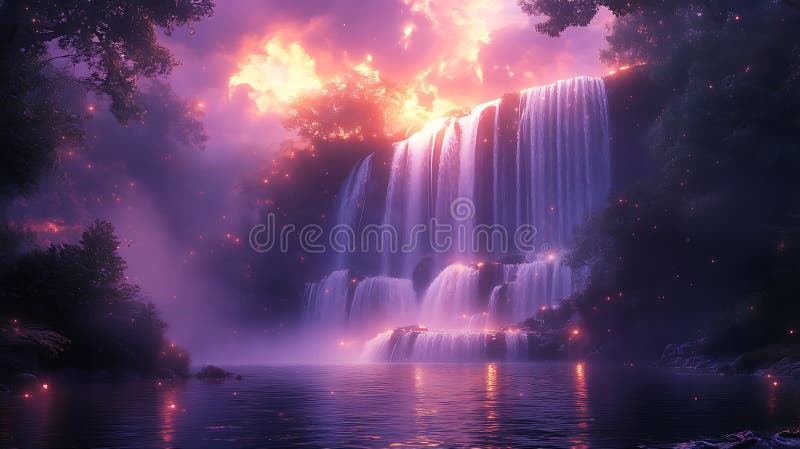 Magical Waterfall at Dusk with Fire in the Sky and Glowing Lights Stock ...