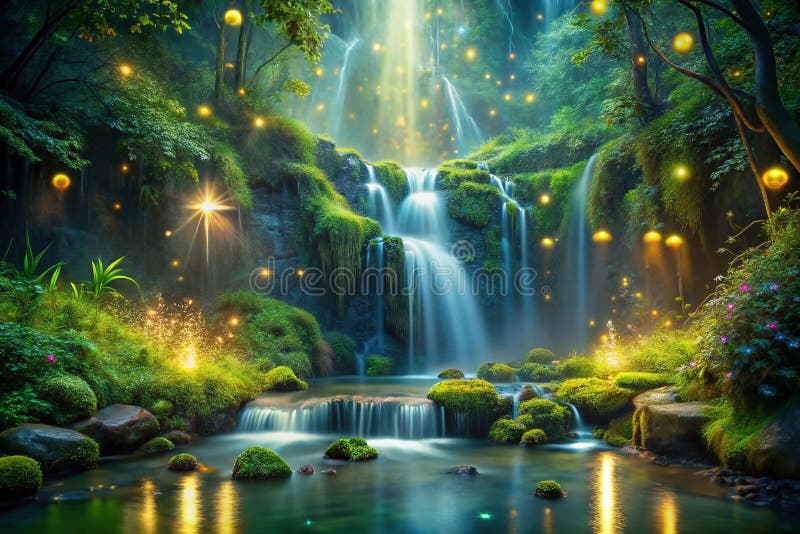 Magical Waterfall in Enchanted Forest with Glowing Lights Stock ...
