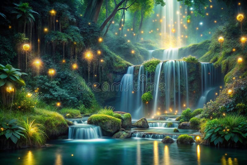 Magical Waterfall in Enchanted Forest with Glowing Lights. (1 Stock ...