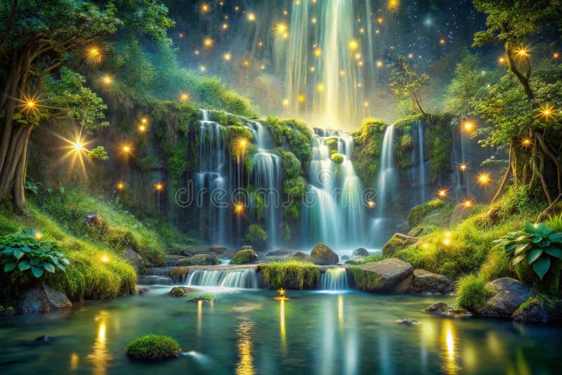 Magical Waterfall in Enchanted Forest at Night with Glowing Lights ...