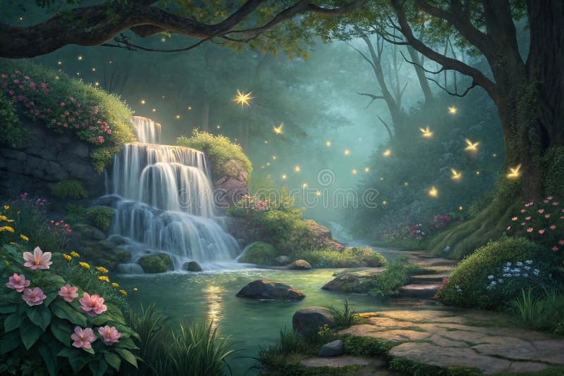 Magical Waterfall in Enchanted Forest at Night. (1 Stock Illustration ...