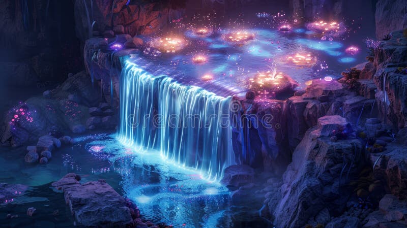 A Magical Waterfall Flows into a Pool of Glowing Water, Surrounded by ...