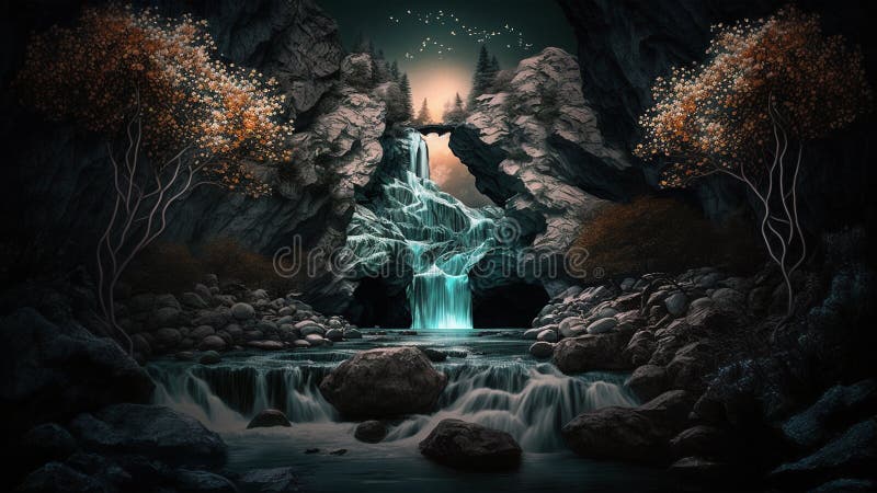 Magical Waterfall in Forest Stock Illustration - Illustration of ...