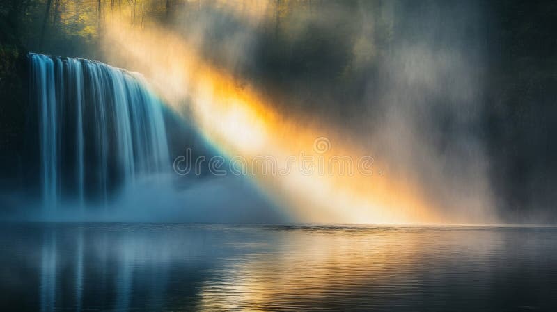 Magical Waterfall with Rainbow and Mist in Lush Forest Stock ...