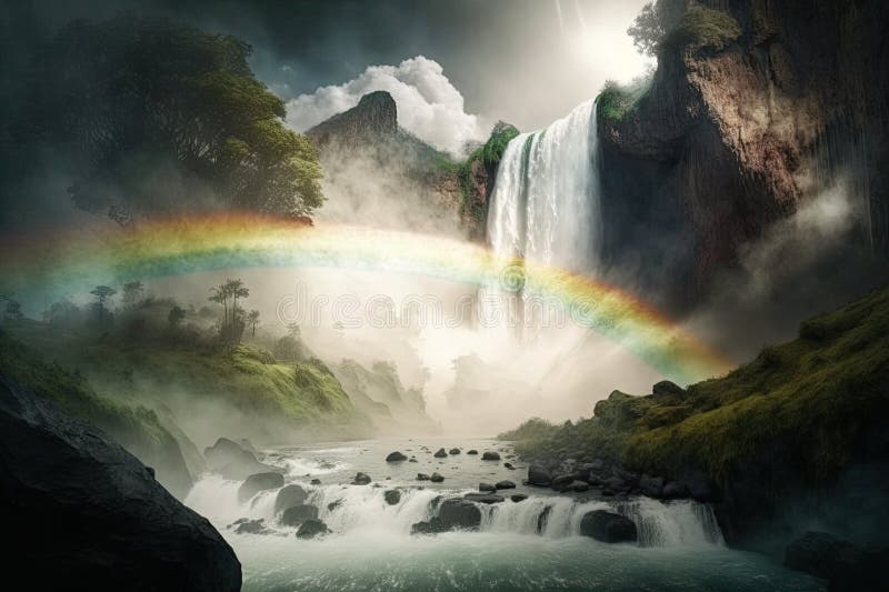 Magical Waterfall with Rainbow, Surrounded by Mist and Greenery Stock ...