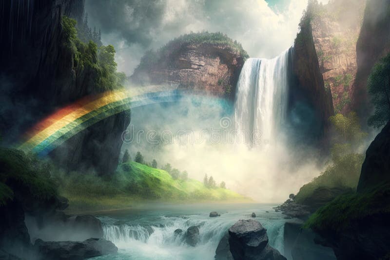 Magical Waterfall with Rainbow, Surrounded by Mist and Greenery Stock ...