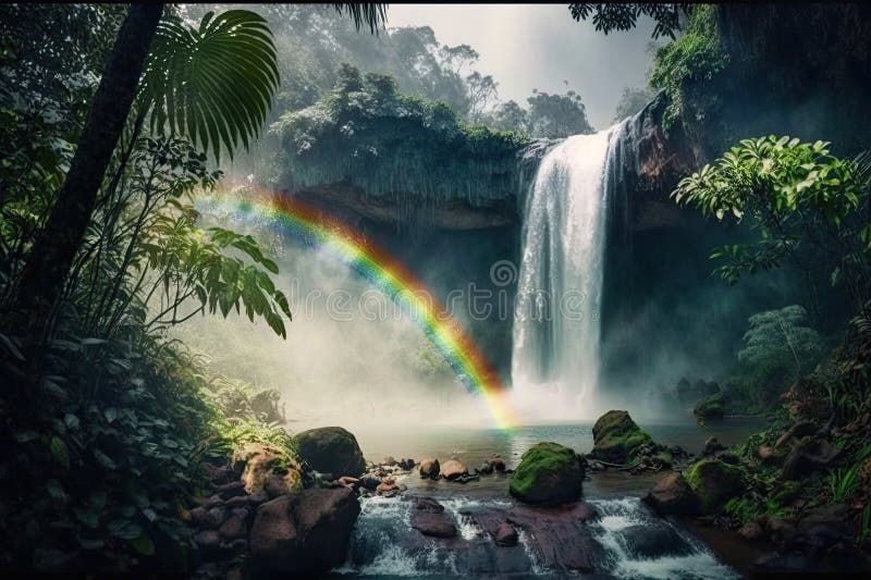 Magical Waterfall with Rainbow, Surrounded by Mist and Greenery Stock ...