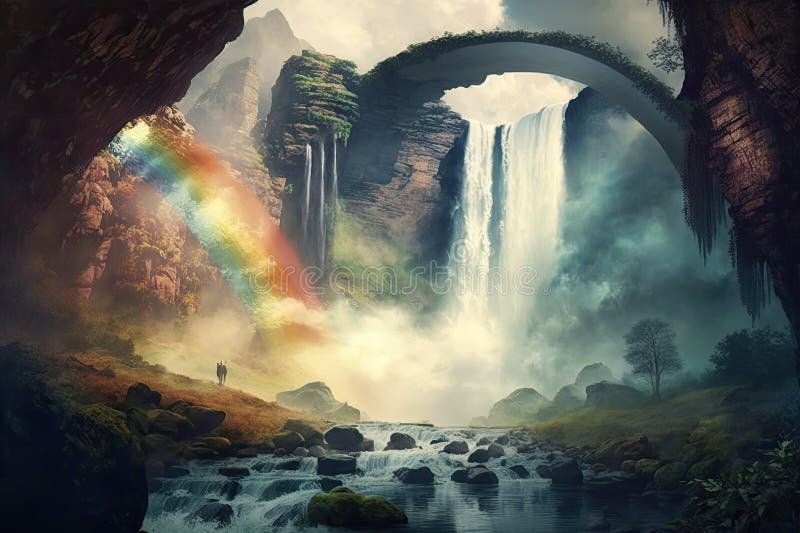 A Magical Waterfall with a Rainbow, Surrounded by Mist and Greenery ...