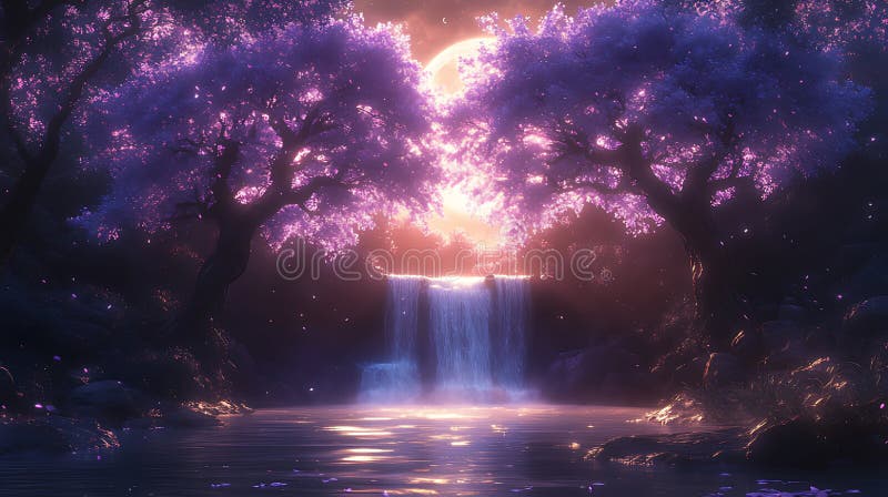 Magical Waterfall Scene with Blooming Trees and Full Moon at Night ...