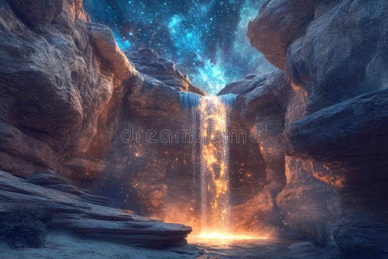 A Stunning Waterfall Cascades Down Rocky Cliffs in a Cosmic Landscape ...