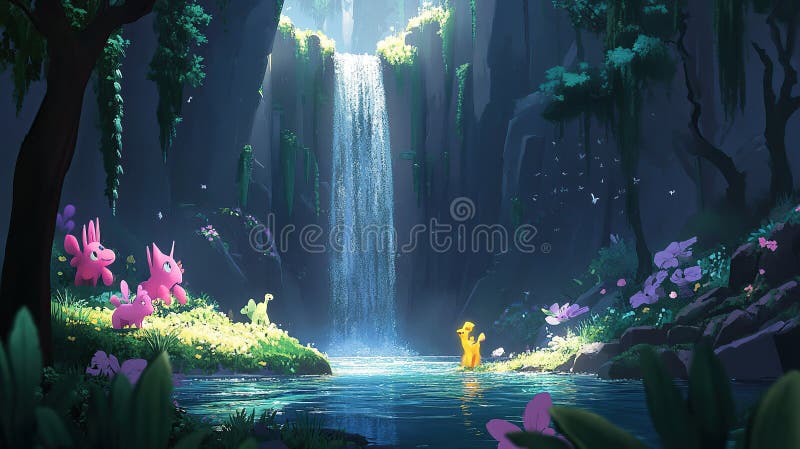 Magical Waterfall Scene with Cute Fantasy Creatures Stock Illustration ...