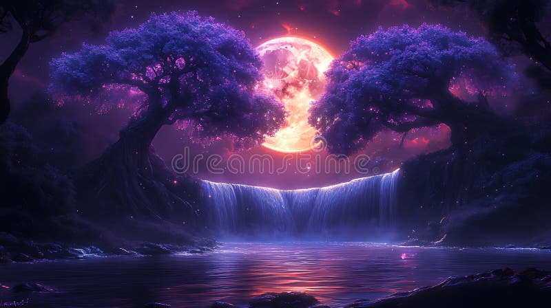Magical Waterfall Scene with Two Blossoming Trees Under a Vibrant Full ...