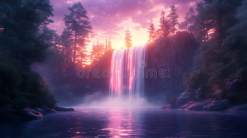 Magical Waterfall at Sunset in a Mystical Forest Stock Illustration ...